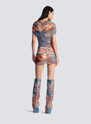 Balmain Sleeveless Printed Ruched Mini Dress