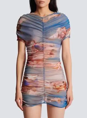 Balmain Sleeveless Printed Ruched Mini Dress