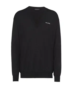 Prada Long-sleeved V-neck Jumper With Jacquard Logo - Black