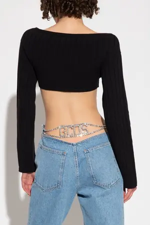 Gcds Boat Neck Cropped Knitted Top With Crystal Gemstone Detail