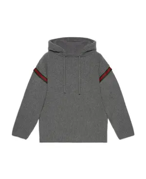 Gucci Web Striped Drawstring Knit Hoodie - Gray