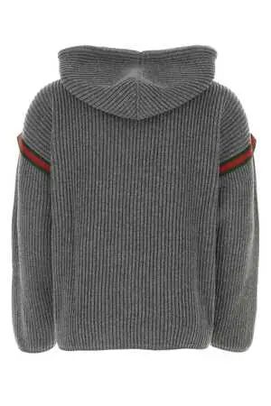 Gucci Web Striped Drawstring Knit Hoodie - Gray