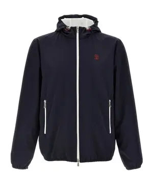 Brunello Cucinelli Logo Embroidered Zip-up Hooded Jacket - Blue