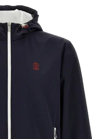 Brunello Cucinelli Logo Embroidered Zip-up Hooded Jacket - Blue