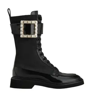 ROGER VIVIER Logo Buckled Leather And Jacquard Boots - Black