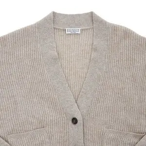 Brunello Cucinelli Long Sleeve V-neck Ribbed Knit Cardigan - Beige