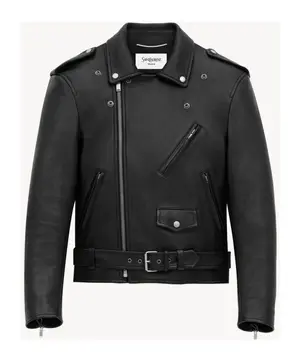 Saint Laurent Zip Detailed Belted Biker Jacket - Black