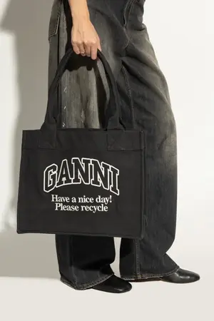 GANNI Logo Embroidered Tote Bag - Black