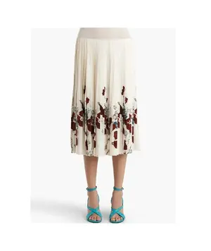 Khaite Anya Pleated Floral Midi Skirt - Cream Multi