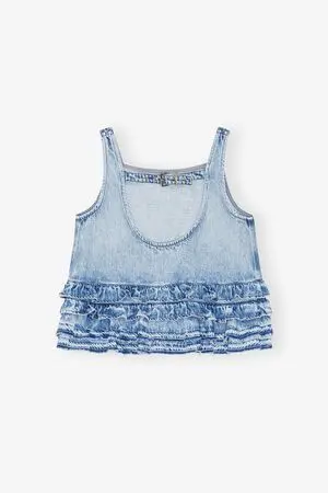 GANNI Sleeveless Denim Top With Ruffle Hem And Buckle Detail - Light Blue