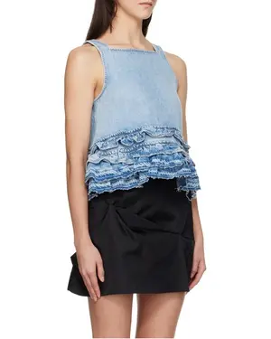 GANNI Sleeveless Denim Top With Ruffle Hem And Buckle Detail - Light Blue