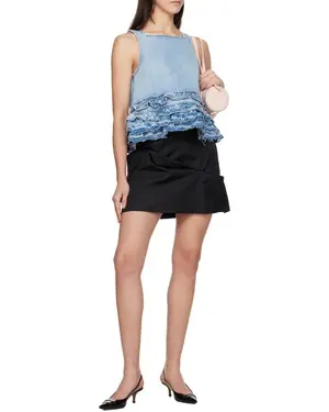 GANNI Sleeveless Denim Top With Ruffle Hem And Buckle Detail - Light Blue
