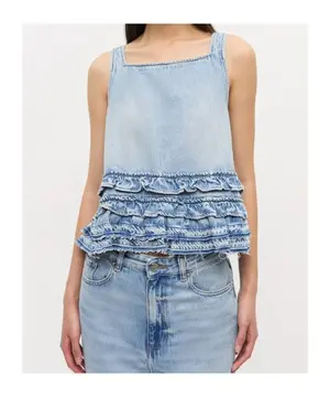 GANNI Sleeveless Denim Top With Ruffle Hem And Buckle Detail - Light Blue