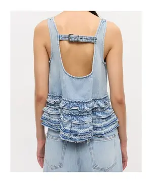 GANNI Sleeveless Denim Top With Ruffle Hem And Buckle Detail - Light Blue