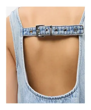 GANNI Sleeveless Denim Top With Ruffle Hem And Buckle Detail - Light Blue