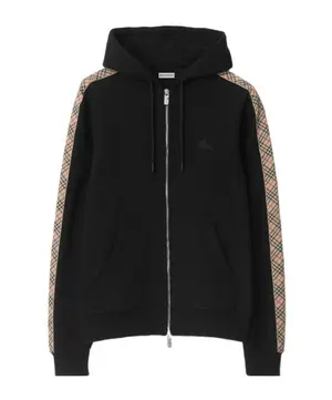 Burberry Check Trim Zip-up Drawstring Hoodie - Black