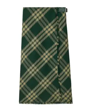 Burberry Check Printed Frayed-edge Midi Skirt - Green