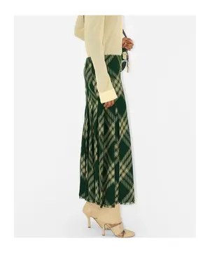 Burberry Check Printed Midi Skirt With Frayed Edges