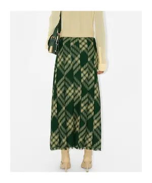 Burberry Check Printed Midi Skirt With Frayed Edges