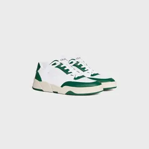 Celine Trainer Ct-09 Low Lace-up Sneakers In Calfskin And Mesh - Optical White/dark Green/beige