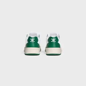 Celine Trainer Ct-09 Low Lace-up Sneakers In Calfskin And Mesh - Optical White/dark Green/beige