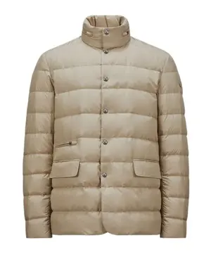 Moncler Malinvern Down Jacket With Hood And Leather Logo Patch - Light Brown