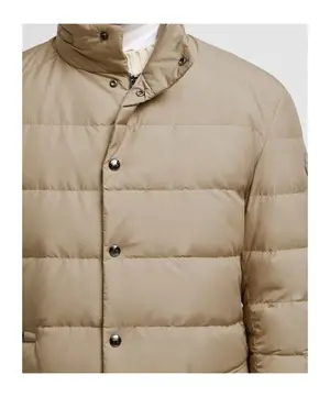 Moncler Malinvern Down Jacket With Hood And Leather Logo Patch - Light Brown