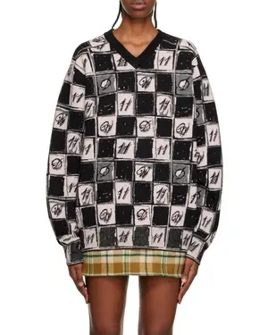 We11Done Ribbed Jacquard Logo V-neck Sweater