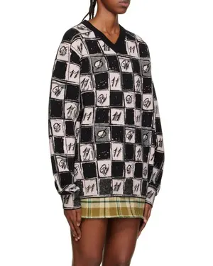 We11Done Ribbed Jacquard Logo V-neck Sweater
