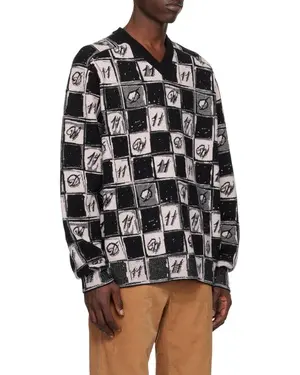 We11Done Ribbed Jacquard Logo V-neck Sweater