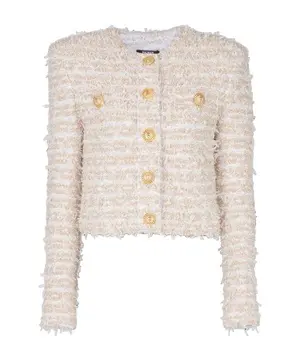 Balmain Cropped Tweed Jacket With Snap Closure - Gold