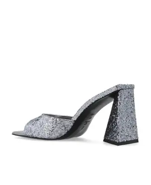 Attico Silver Glitter Embellished Square Toe High Heel Mules - Gray