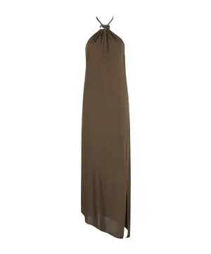 Attico Halterneck Maxi Dress With Open Back And Designer Hardware - Brown