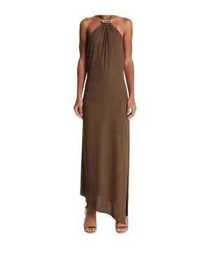 Attico Halterneck Maxi Dress With Open Back And Designer Hardware - Brown