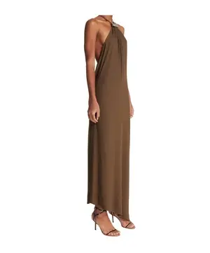 Attico Halterneck Maxi Dress With Open Back And Designer Hardware - Brown