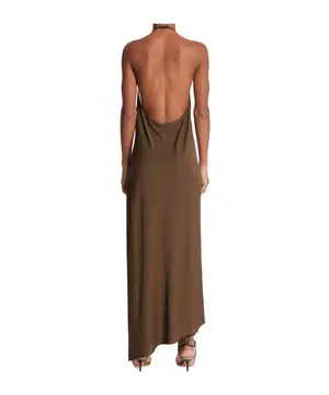 Attico Halterneck Maxi Dress With Open Back And Designer Hardware - Brown
