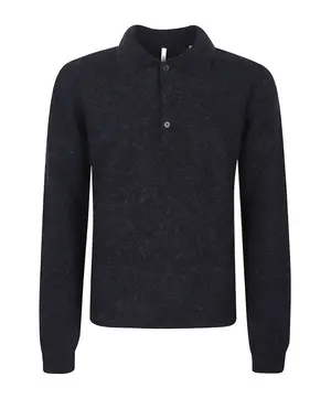 SUNFLOWER Long Sleeved Knitted Polo Shirt - Navy