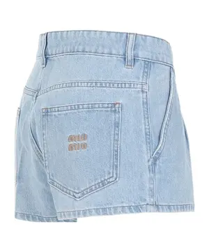 Miu Miu Logo Lettering Pleated Denim Shorts