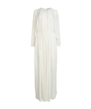 Dior Long Sleeve Maxi Dress With Back Straps And Pleated Details - White