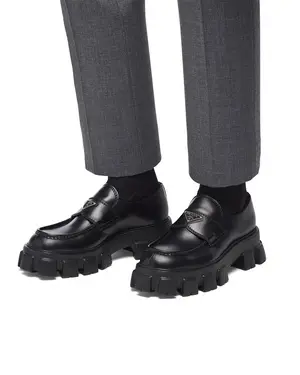Prada Monolith Brushed Leather Loafers - Black