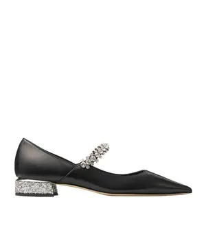 JIMMY CHOO Bing Glittery Flat With Embellished Strap - Black/silver
