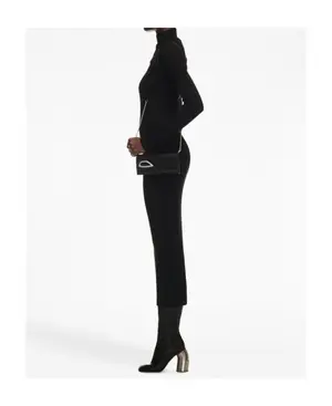 Off-White Ribbed High Neck Logo Long Sleeve Midi Dress - Black