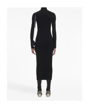 Off-White Ribbed High Neck Logo Long Sleeve Midi Dress - Black