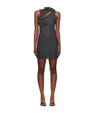 Coperni Floral Appliqué Tie Dress - Black
