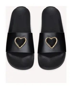 Red Valentino Heart Detailed Open Toe Slides - Black