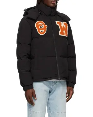 Off-White Zip-up Hooded Puffer Coat With Logo Patches