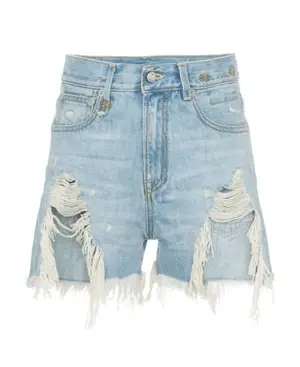 R13 High Waist Frayed Denim Shorts - Blue