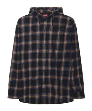 DIESEL® Checked Drawstring Hooded Shirt - Black