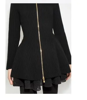 Alaïa Flared Ribbed Knit Zip-up Cardigan With High Collar