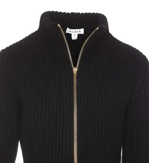 Alaïa Flared Ribbed Knit Zip-up Cardigan With High Collar